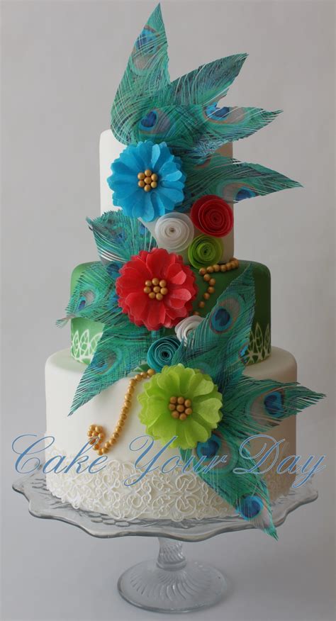 Peacock Feathers And Flowers Cake