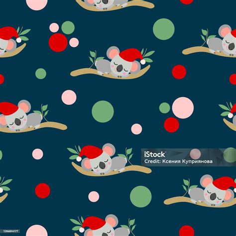 유칼립투스 지점에서 자고있는 빨간 크리스마스 모자에 코알라 아기와 원활한 패턴 파란색 배경입니다 핑크 레드 그린 라운드 색종이 엽서 섬유 벽지 및 포장지 가공의 인물에 대한