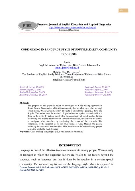 Pdf Code Mixing In Language Style Of South Jakarta Community Indonesia
