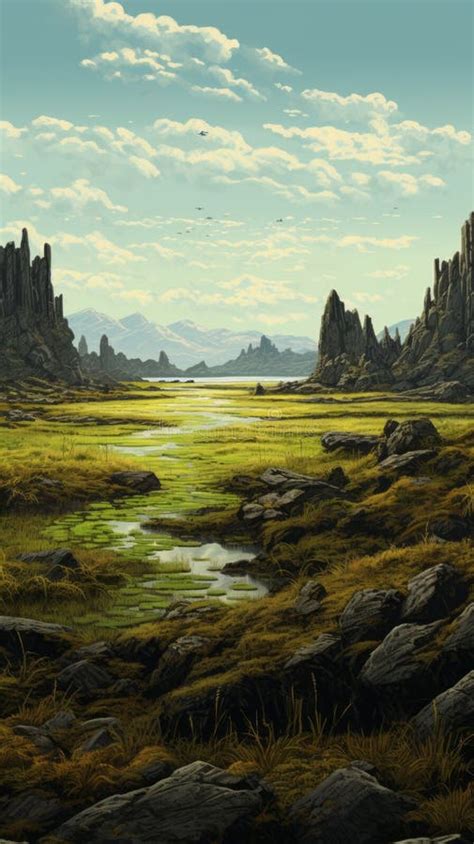 Detailed Science Fiction Landscape With Dry Grass And Rocks Stock