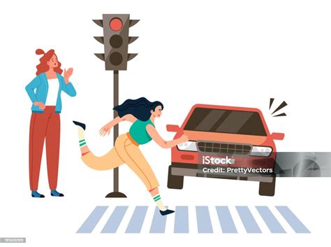 빨간 신호등 개념에 보행자 달리기 도로 벡터 평면 그래픽 디자인 일러스트 충돌 사고에 대한 스톡 벡터 아트 및 기타 이미지 충돌 사고 자동차 사고 보행자 Istock