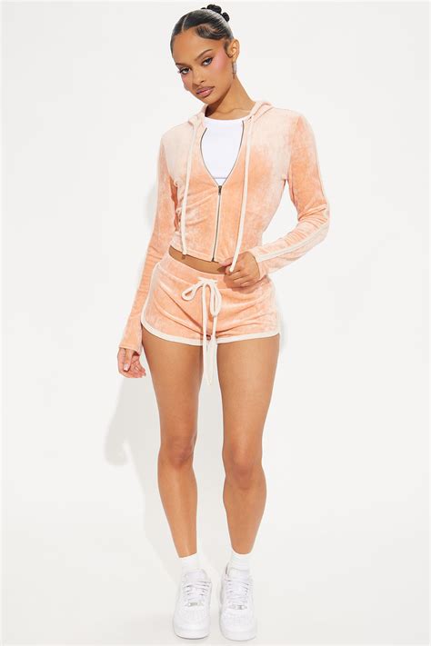 Oh So Cute Velour Short Set Peach Fashion Nova