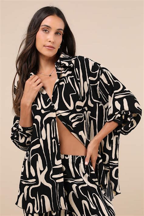 Extroandvert Tia Top Black And Beige Top Button Up Top Sets Lulus