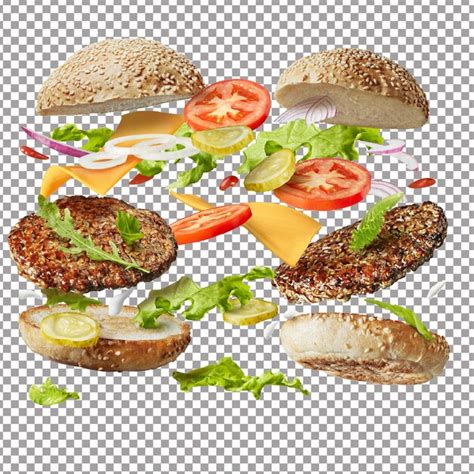 투명한 배경에 날아다니는 재료가 있는 트윈 버거 프리미엄 Psd 파일