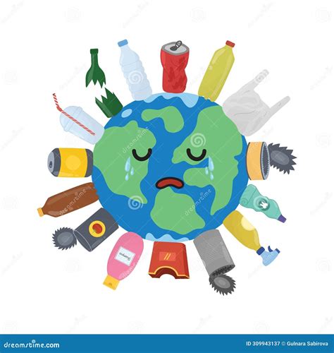 Sad Earth Planet With Trash Print Crying Polluted Earth Character