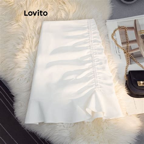 Lovito Women Casual Plain Ruched Ruffle Hem Skirts LNE Shopee Philippines