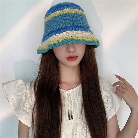여성용 패치 컬러 니트 버킷 모자 봄 여름 크로셰 어부 모자 가을 짧은 챙 분지 모자 소녀 파나마 밥 Gorros Aliexpress