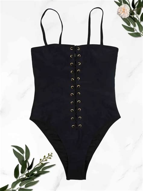 Black Spaghetti Straps One Piece Swimsuit Lace Up Tummy Control High