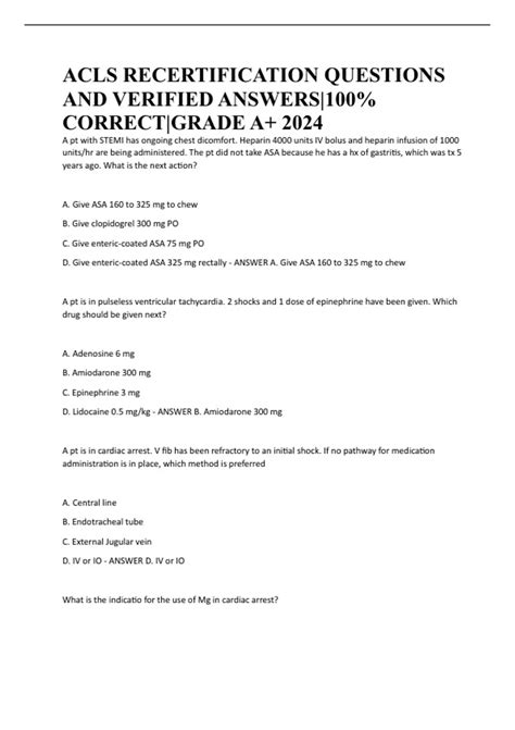 Acls Recertification Questions And Verified Answers 100 Correct Grade