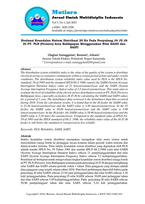 PDF Evaluasi Keandalan Sistem Distribusi 20 Kv Pada Penyulang J4 J5