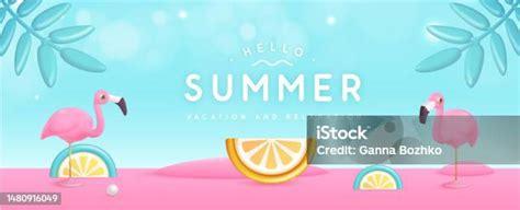 3d 플라스틱 열대 과일 나뭇잎 플라밍고가 있는 여름 포스터 여름 배경입니다 벡터 그림 3차원 형태에 대한 스톡 벡터 아트 및 기타 이미지 Istock