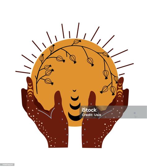 달을 잡고 있는 손으로 신비로운 로고 달의 천상의 요술 상징입니다 난해한 주제는 배너 포스터 및 초대장에 이상적입니다 벡터 그림입니다 일러스트레이션에 대한 스톡 벡터 아트