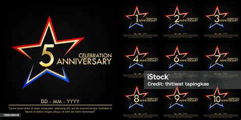 110주년 기념 엠블럼 세트 기념일 우아함 황금 로고 빨간색과 파란색 스타 모양 웹 포스터 소책자 전단지 전단지 인사말 및 초대 카드를위한 템플릿 디자인 5 주년에 대한