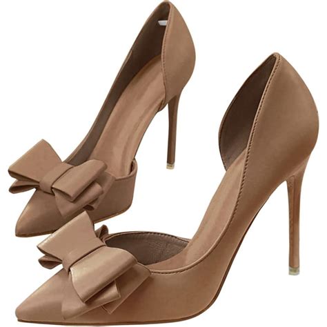 Womens Bow Heels Closed Pointed Toe Dress Shoes Stiletto Slip On