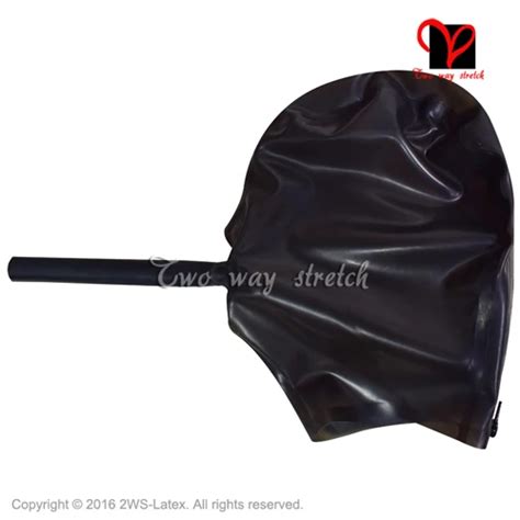Sexy Black Executioner Latex Hoods With Long Breathing Tube Full Face