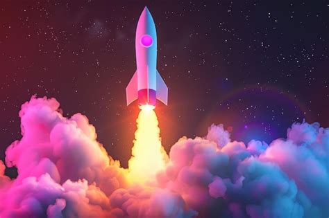 Rocket Launching Into A Starry Sky With Colorful Clouds And Glowing Exhaust Flames Premium AI