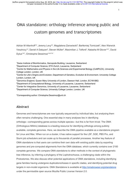 Pdf Oma Standalone Orthology Inference Among Public And Custom