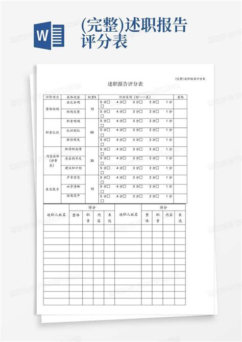 完整 述职报告评分表word模板下载 编号qwrdompb 熊猫办公