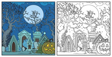 Coloriage Halloween avec modèle le cimetière hanté