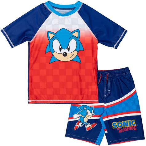 Sega Sonic The Hedgehog Pullover Rash Guard And Swim Trunks Outfit Set
