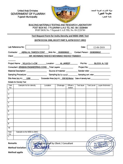 In Situ Density Test Form Pdf