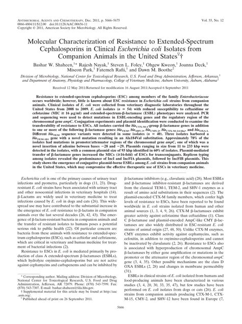 Pdf Molecular Characterization Of Resistance To Extended Spectrum Cephalosporins In Clinical