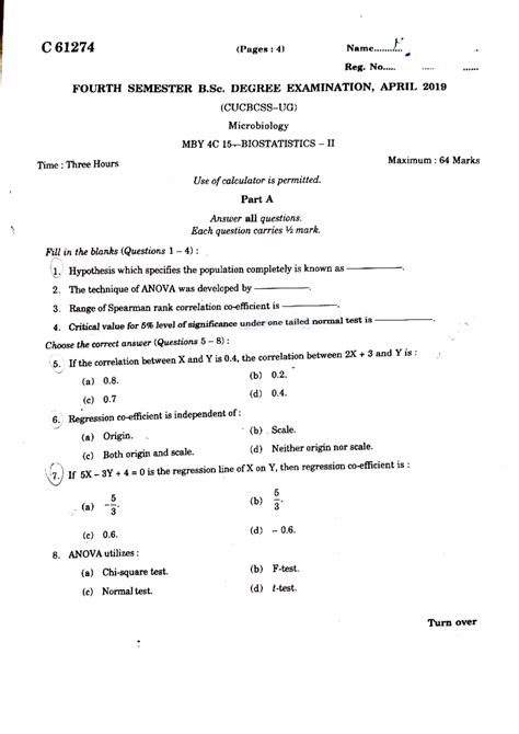 Biostatistics Question Paper For Third Semester C 61274 Pages 4 Name Reg No FOURTH