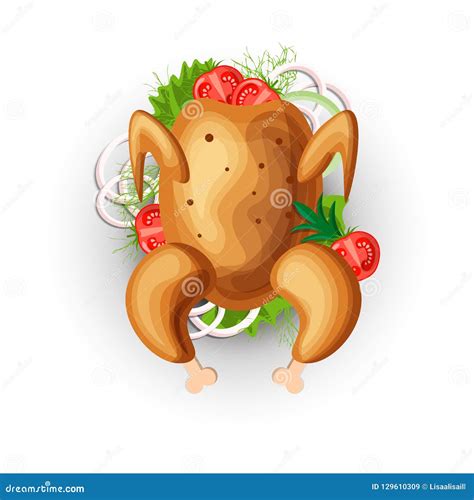 Vector Cartoon Chicken Grill With Vegetables Icon Chicken Roasted