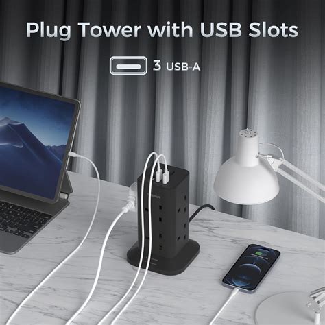 Tessan Extension Plug Tower Socket With 3 Usb Extension Wire Power Strip Usb Adapter Multi Plug