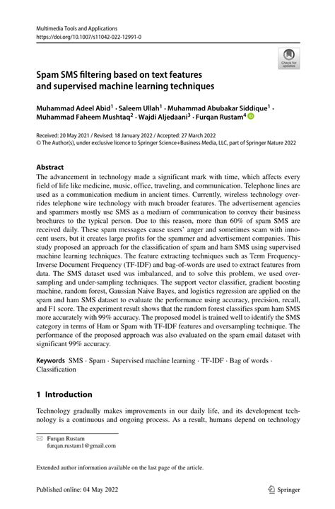 Pdf Spam Sms Filtering Based On Text Features And Supervised Machine Learning Techniques