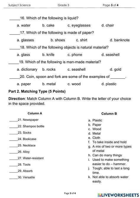 Science Final Exam For Grade 3 Activity Live Worksheets