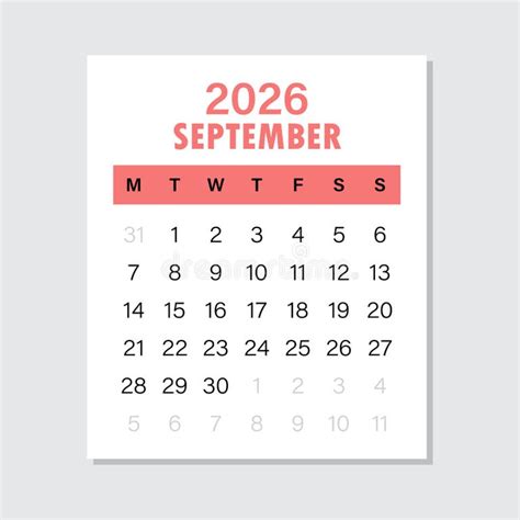 Icono De Calendario De Septiembre De 2026 En Estilo Plano Ilustración
