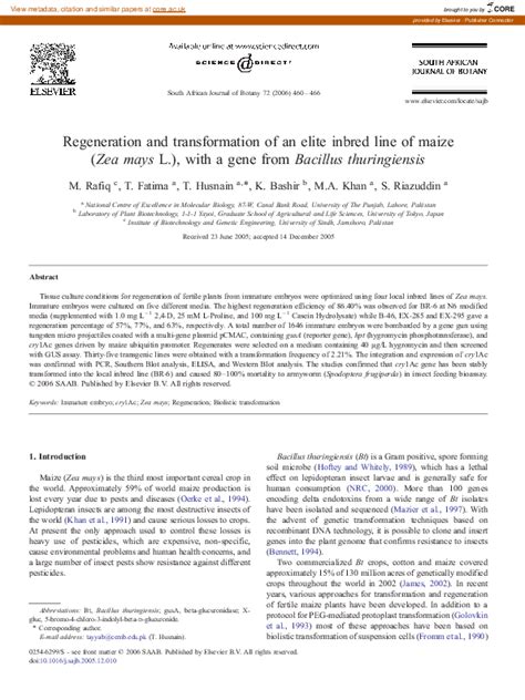 Pdf Regeneration And Transformation Of An Elite Inbred Line Of Maize