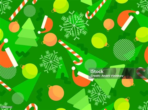 80 년대 스타일의 기하학적 모양으로 크리스마스 완벽 한 패턴 크리스마스 공 전나무 막대 사탕 기하학적 모양의 눈송이 배너 포장지 및 표지를 위한 디자인 벡터 일러스트 레이