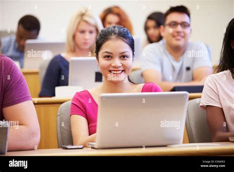 Female University Babe Using Laptop In Lecture Stock Photo Alamy