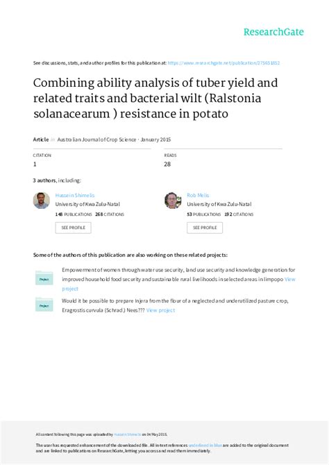 Pdf Combining Ability Analysis Of Tuber Yield And Related Traits And