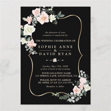 Elegant Blush White Flowers Gold Black Wedding Invitation Zazzle