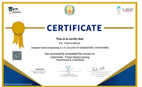 Experiential Project Based Learning Team2solve And Code2build Certificate From Naan Mudhalvan