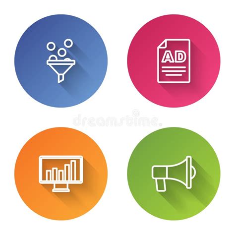 Set Line Lead Management Advertising Monitor With Graph Chart And Megaphone Color Circle