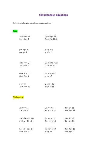 Simultaneous Equations Differentiated Teaching Resources