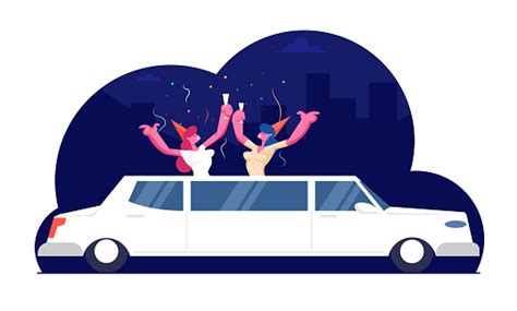 행복한 여자 친구의 부부는 주위에 비행 색종이와 흰색 고급리무진에서 손에 샴페인 안경재미 모자를 입고 생일 파티 만화 플랫 벡터 일러스트 날기에 대한 스톡 벡터 아트 및