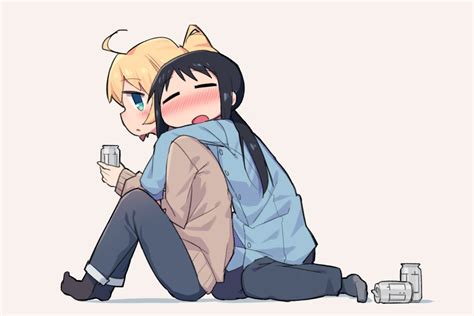 Safebooru 2girls Ahoge Ankle Socks Arms Around Neck Beer Can Black