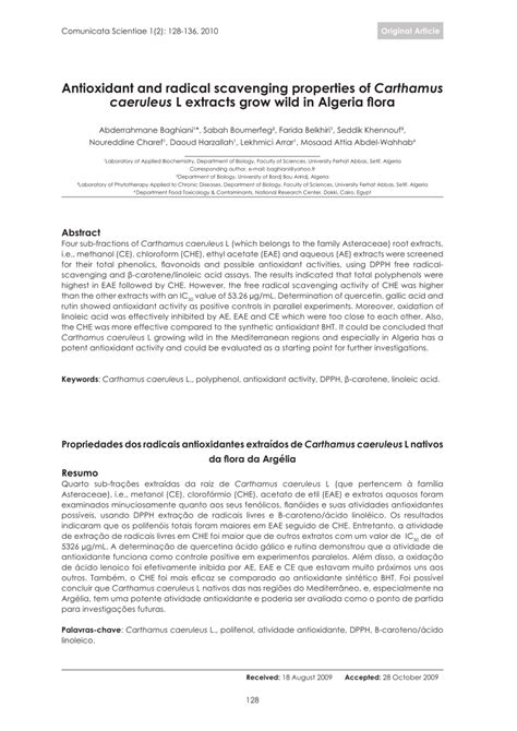 Pdf Antioxidant And Radical Scavenging Properties Of Carthamus