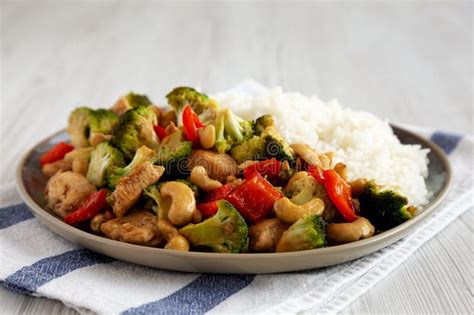 Homemade Cashew Chicken Stir Fry On A Plate Side View Stock Image