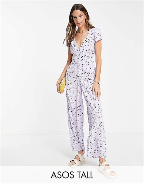 Asos Design Tall Bubble Crepe Cap Sleeve Tea Button Front Jumpsuit In