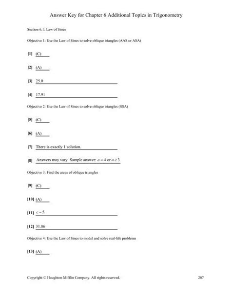 Answer Key For Chapter 6 Additional Topics In Trigonometry