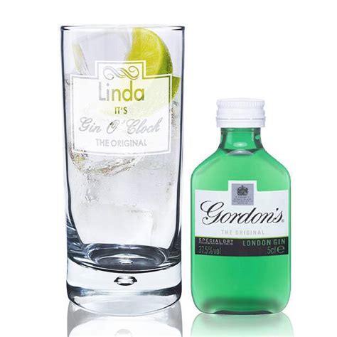 Personalised Gin Oclock Hi Ball Bubble Glass And Mini Gin Set Personalised Bottle Labels
