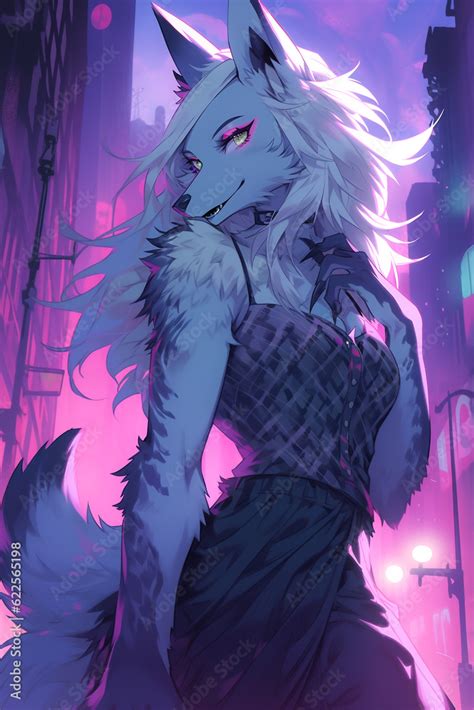 Sexy Werewolf Or Wolf Girl Fursona Cartoon Synthwave Style With An