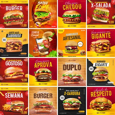52 Artes Mídias Sociais Hamburgueria Editáveis Photoshop