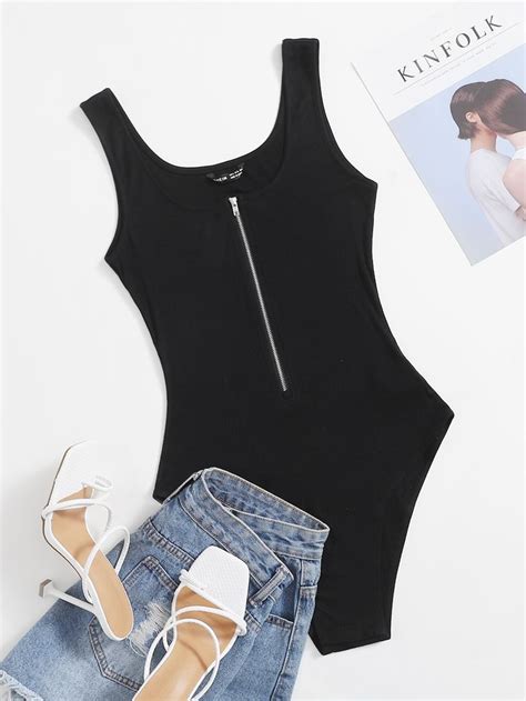 Zipper Front Rib Knit Tank Bodysuit Body De Moda Ropa De Moda Ropa